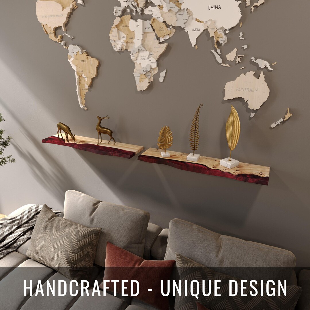 Artistic Cherry Red Floating Shelves - Modern Wood & Epoxy Display ...