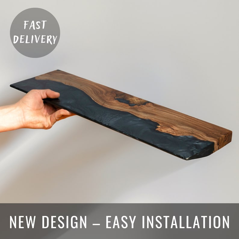 Minimalist Black Floating Shelf Epoxy Live Edge Shelves in Solid Wood ...