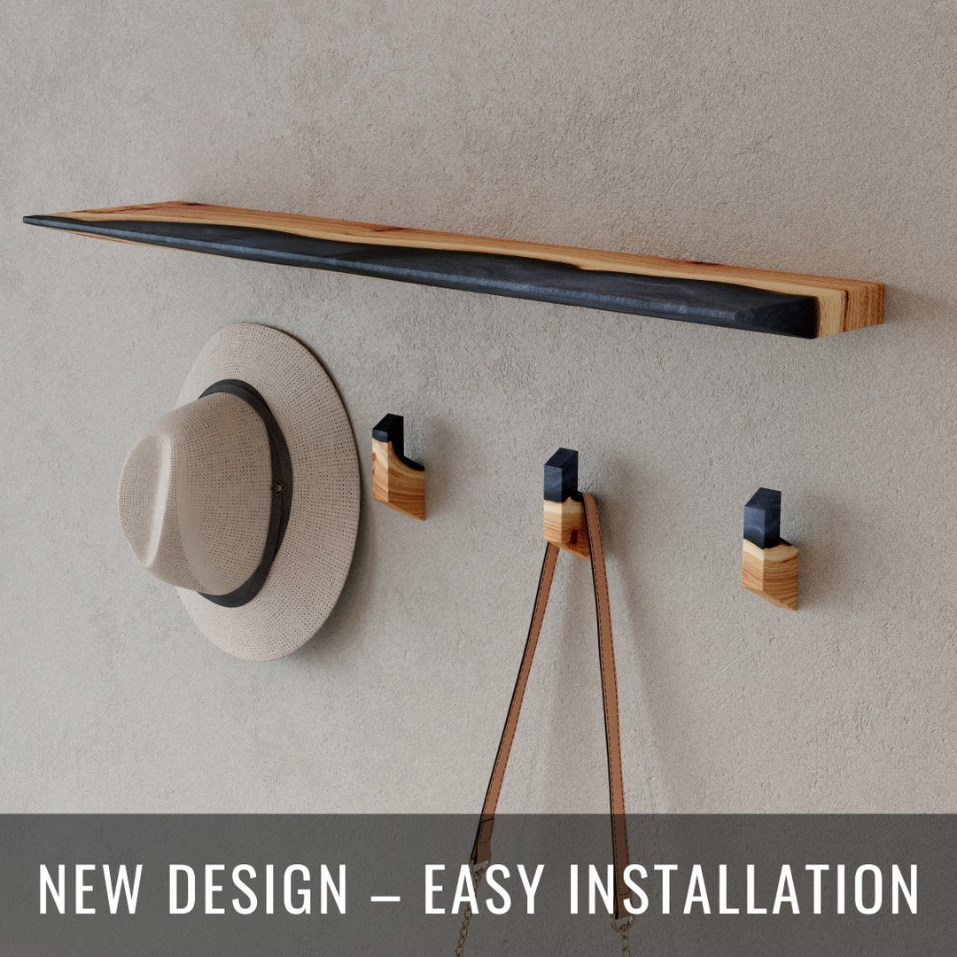 Modern Entryway Shelf With Wall Coat Hooks From Epoxy & Wood – Black ...
