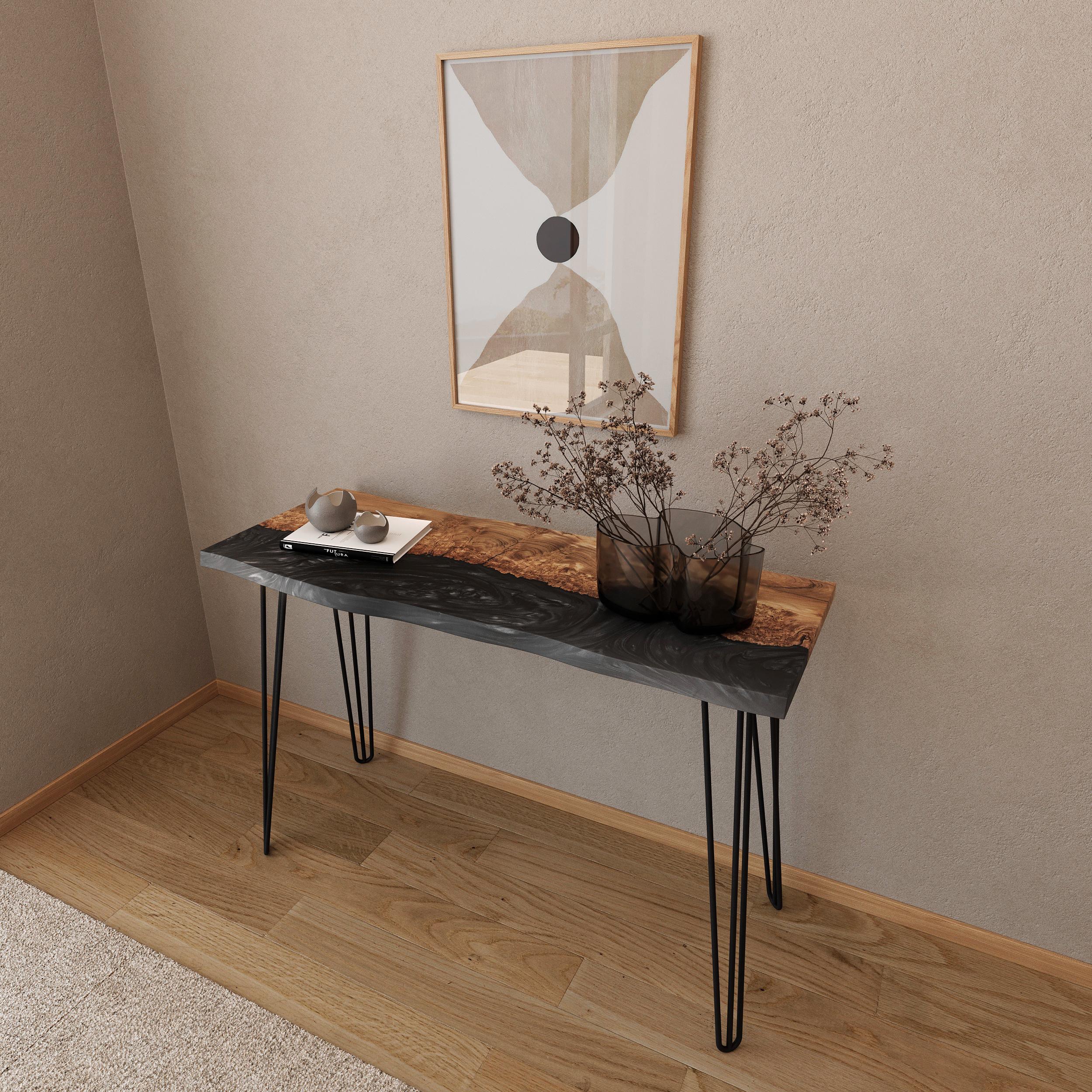 Artistic Live Edge Table | Wooden Narrow Console Table With Blue Epoxy ...