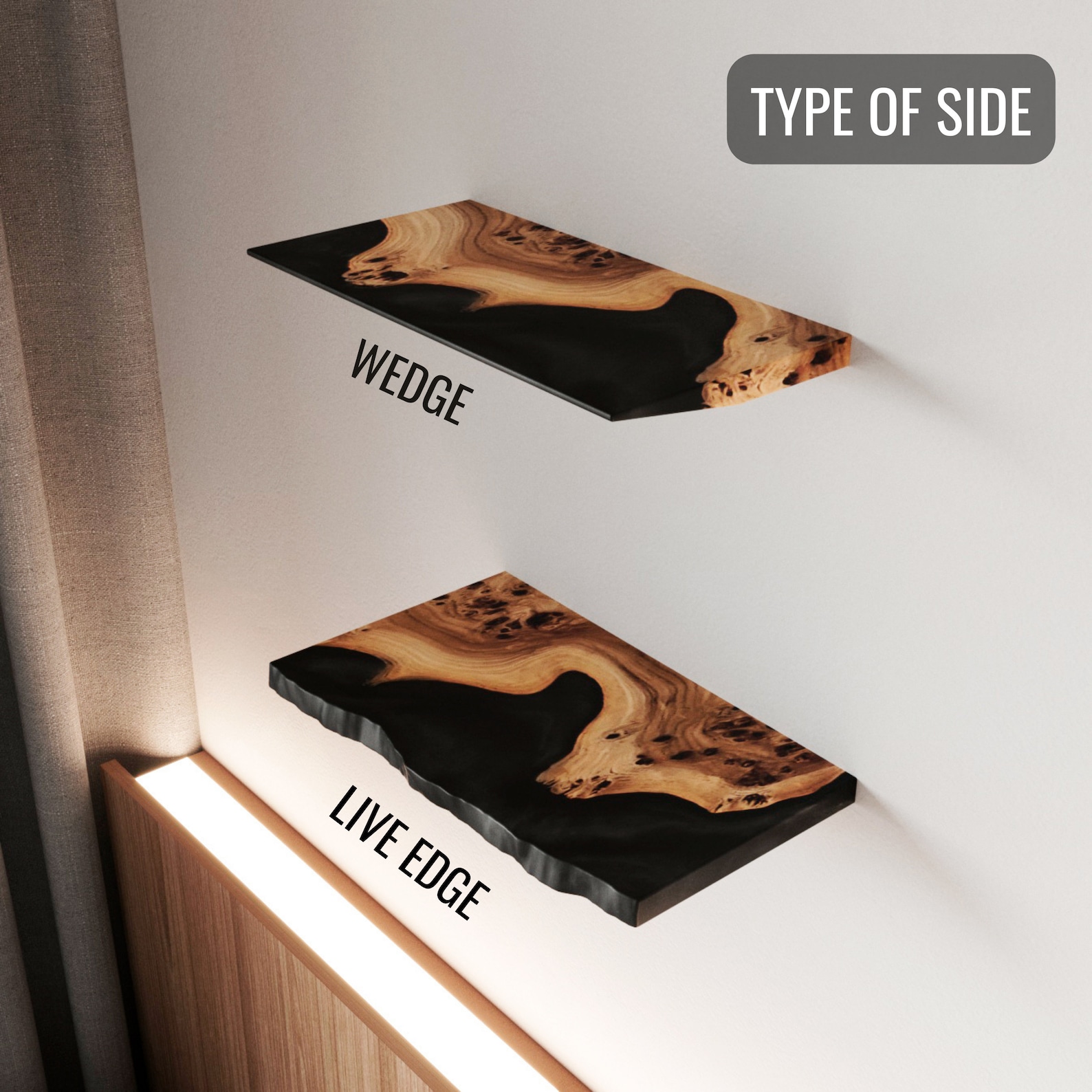 Live Edge Floating Shelves From Black Epoxy and Wood Custom Shelves for ...