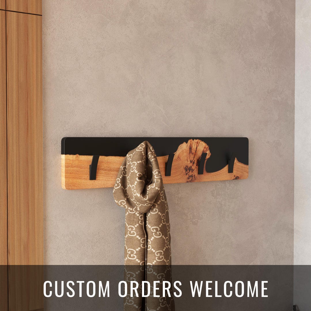 Handcrafted Black Epoxy Resin & Wood Wall Mounted Coat Rack With Shelf ...