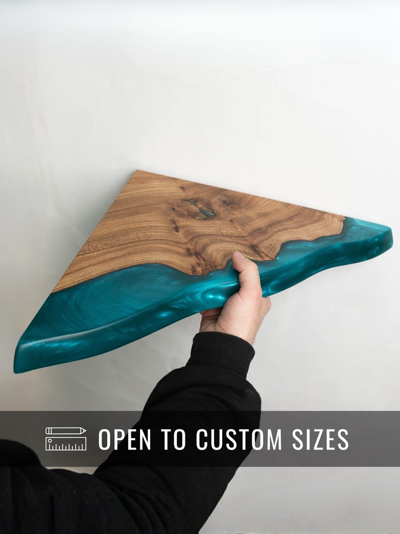 Blue Epoxy & Wood Floating Corner Shelf for Apartment Decor. Unique ...