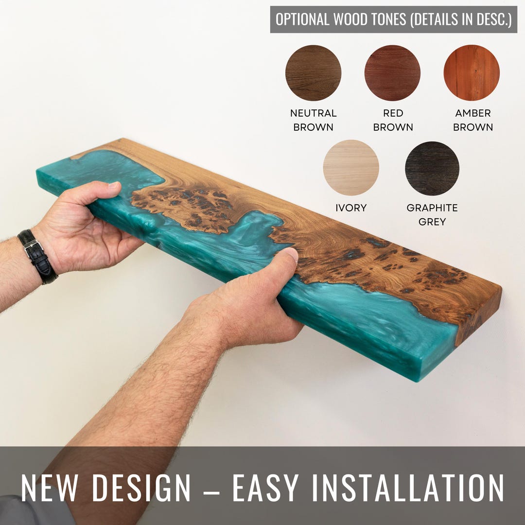 Straight Floating Shelf With Wood and Epoxy Resin - Modern Wall Mounted ...