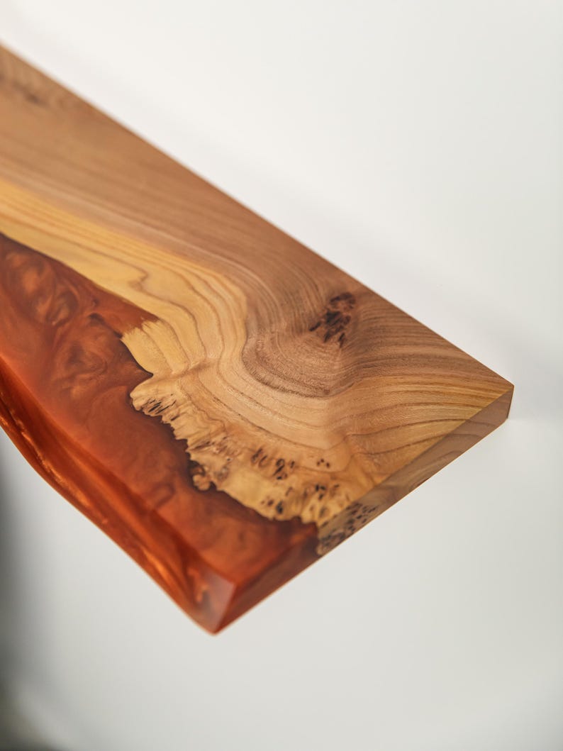 Artistic Blue Live Edge Shelf With Solid Burl Wood & Epoxy Resin ...