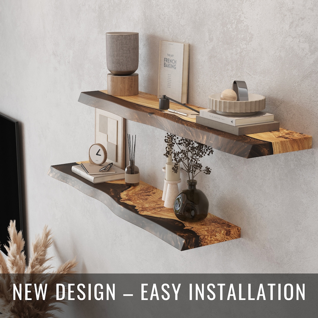 Natural Wood Floating Shelves With Epoxy Resin – Unique Live Edge ...