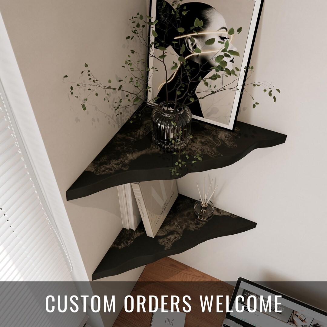 Dark Wood & Black Epoxy Corner Shelf, Live Edge Floating Shelves ...