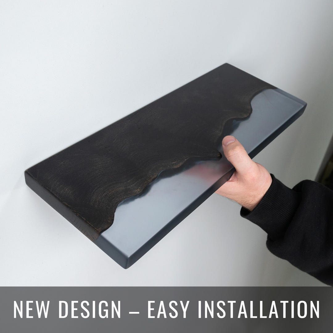 Modern Black Wood & Transparent Clear Epoxy Floating Shelf on Wall for ...