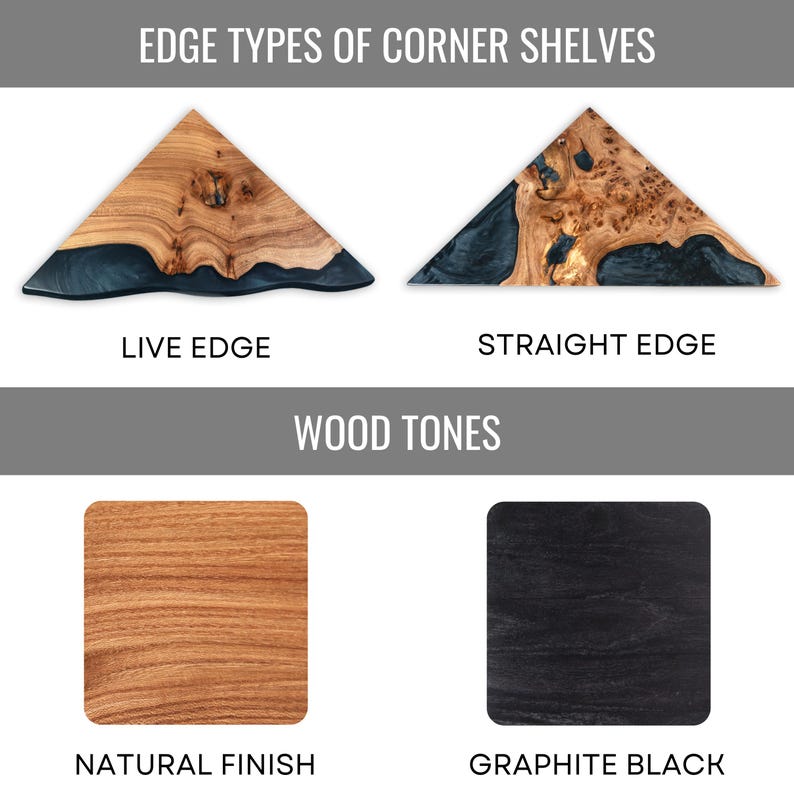 Dark Wood & Black Epoxy Corner Shelf, Live Edge Floating Shelves ...