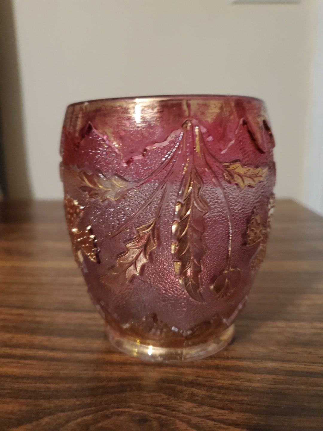 Antique US Glass Cranberry Gold Barrel Tumbler Embossed Leaves Flowers ...