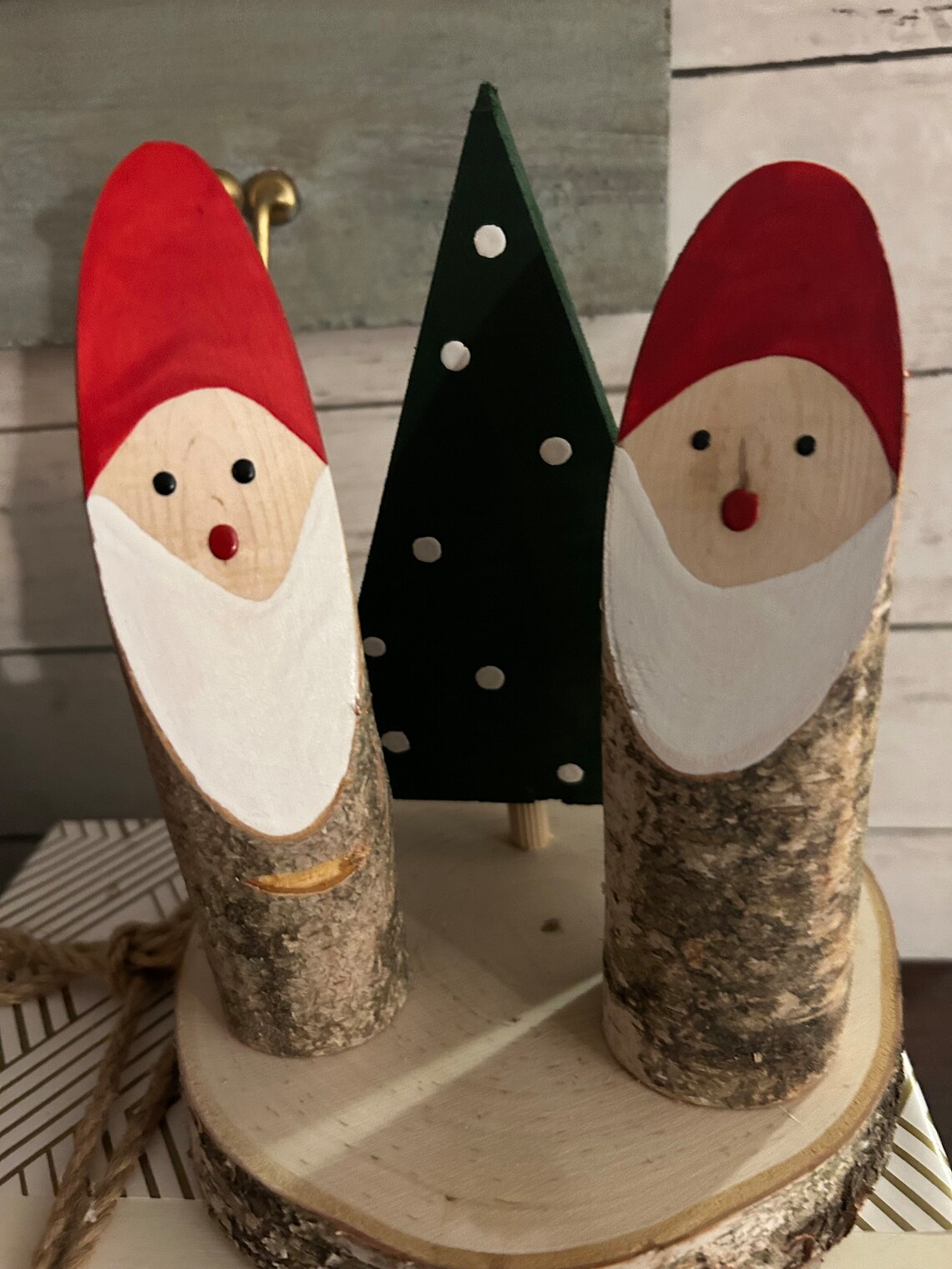 Two Christmas Rustic Birch Wood Santa’s With Base and Tree. - Etsy