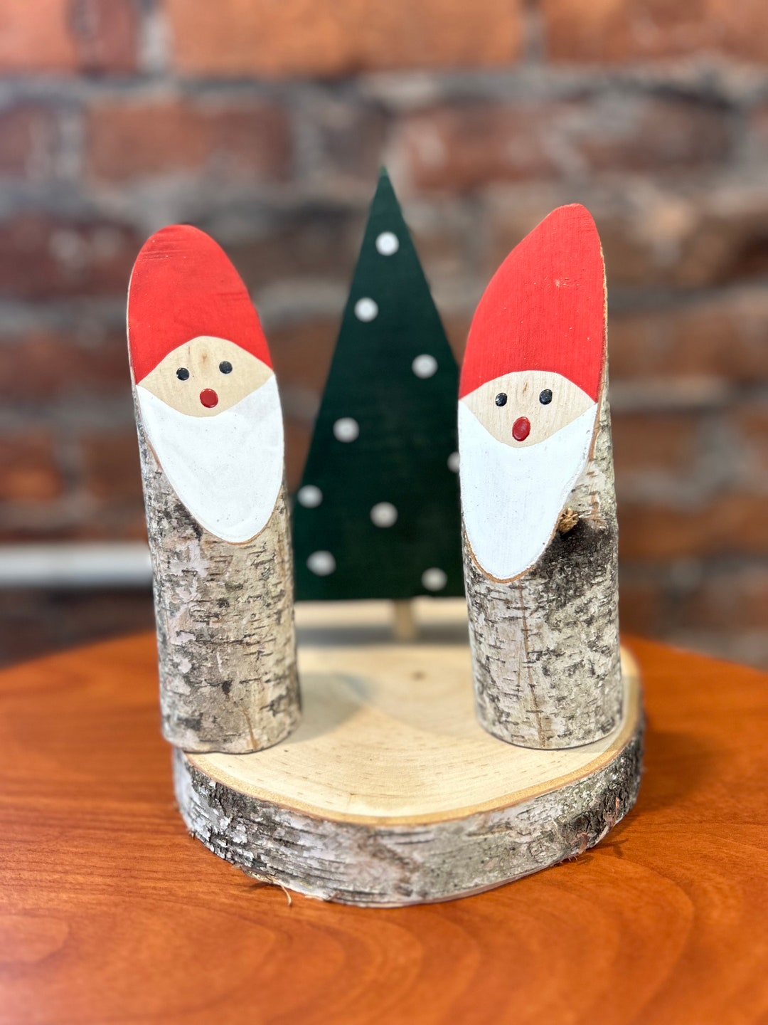Two Christmas Rustic Birch Wood Santa’s With Base and Tree. - Etsy