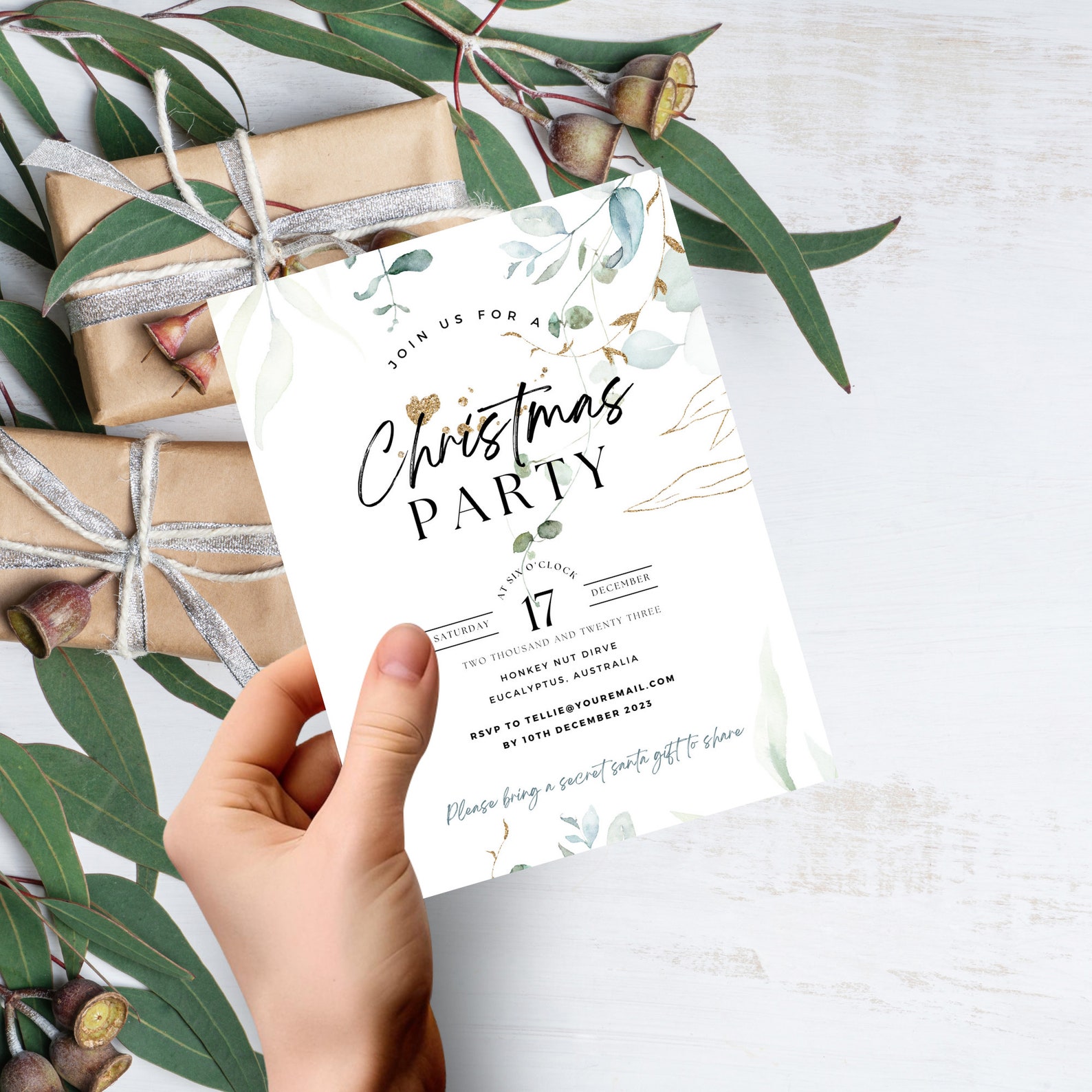 EDITABLE Christmas Party Invitation Template, Eucalyptus Christmas ...