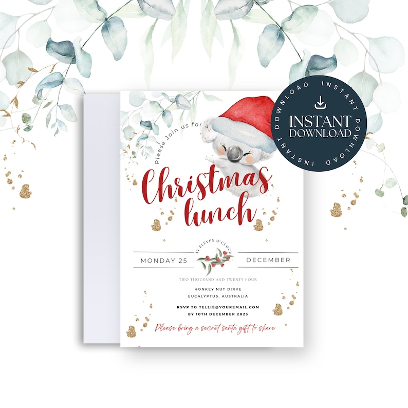 Christmas Lunch Invitation Template, Editable Christmas Invitation ...
