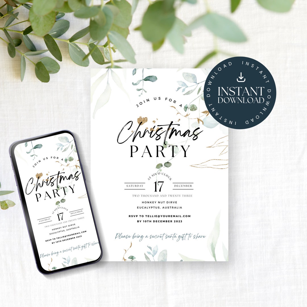 EDITABLE Christmas Party Invitation Template, Eucalyptus Christmas ...