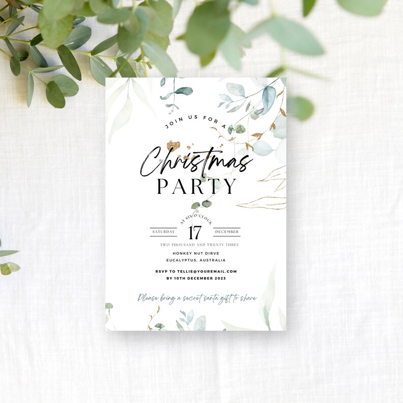 EDITABLE Christmas Party Invitation Template, Eucalyptus Christmas ...