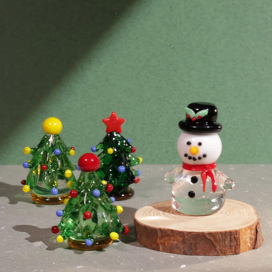 Handmade Blown Glass Snowman, Christmas Tree Figurines, Holiday Decor ...