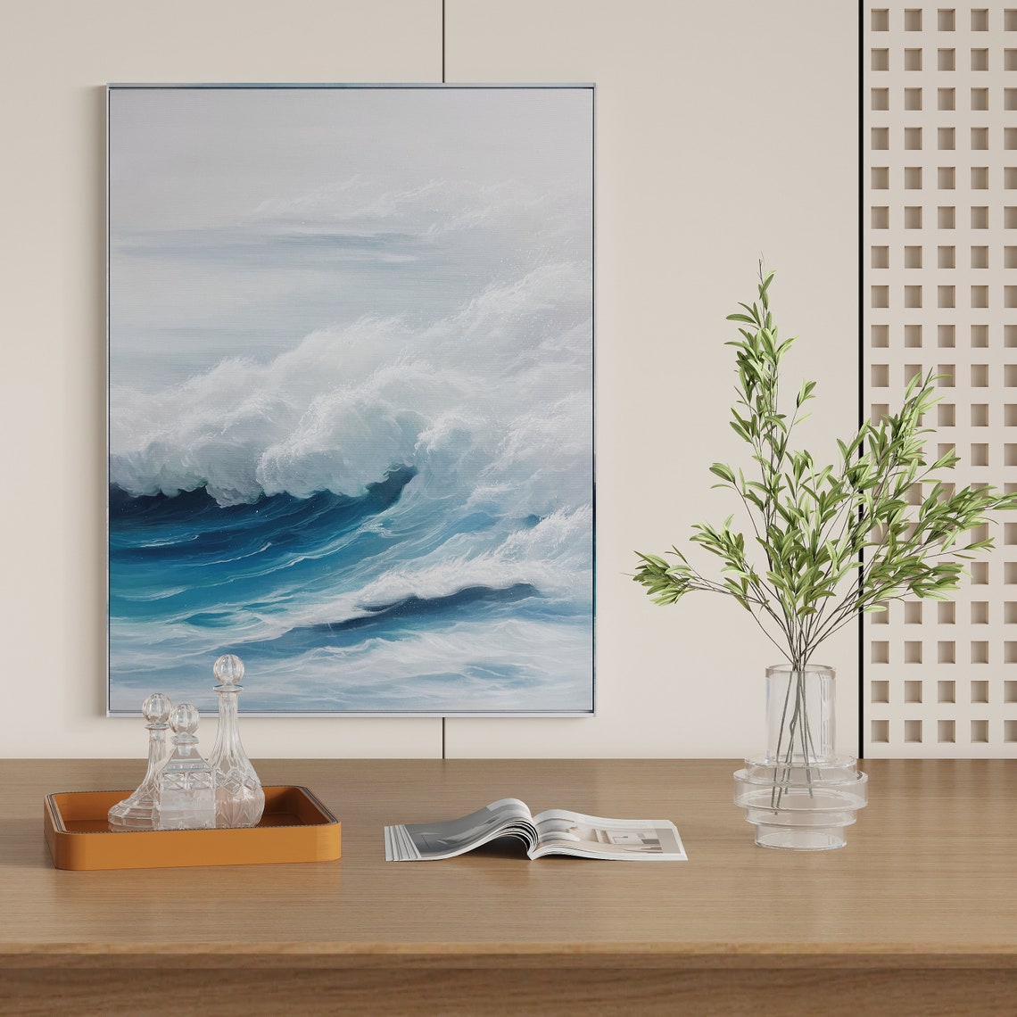 Blue Seascape Abstract Oil Painting, Watercolor Wave Art, Coastal Wall ...