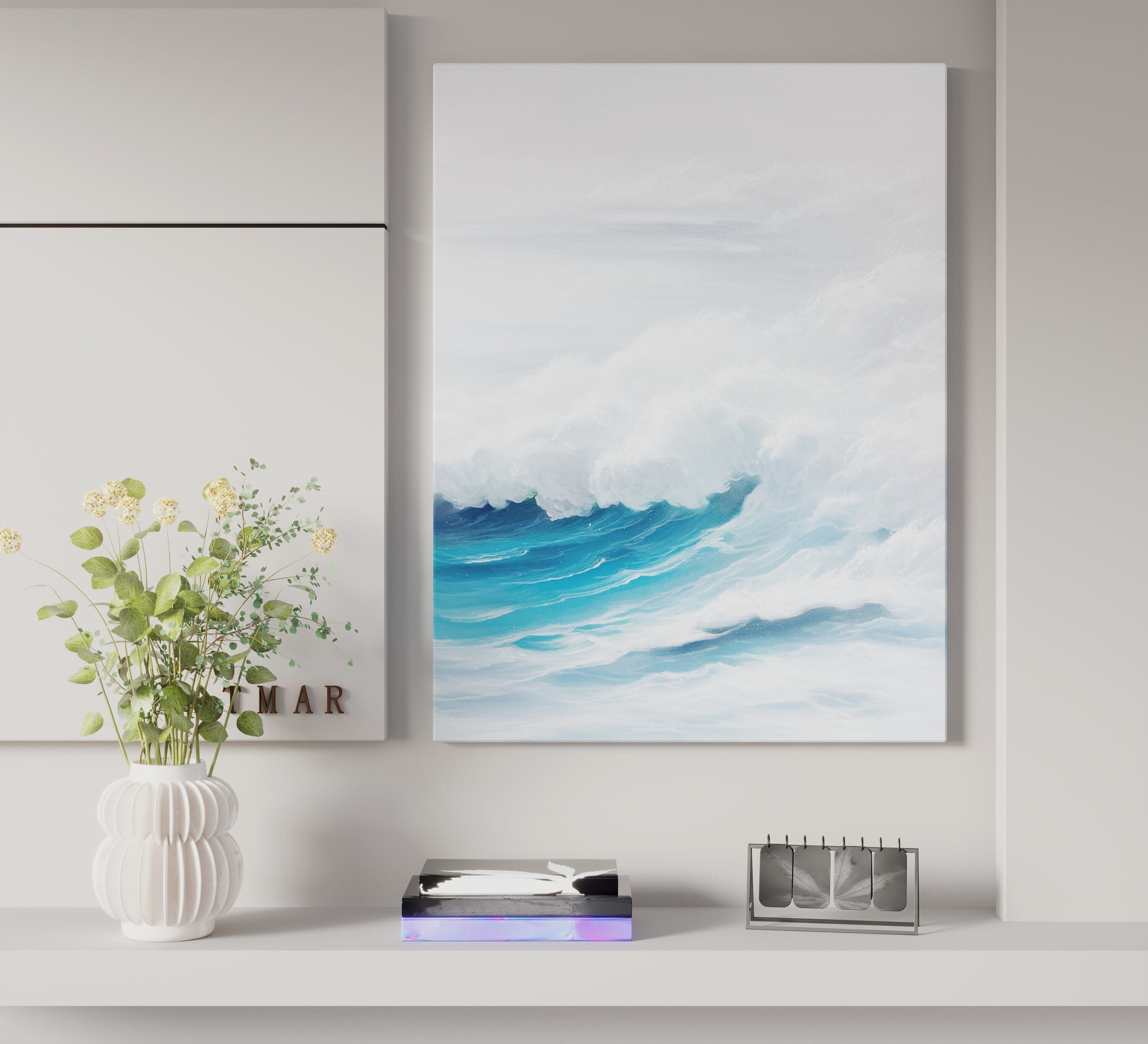 Blue Seascape Abstract Oil Painting, Watercolor Wave Art, Coastal Wall ...