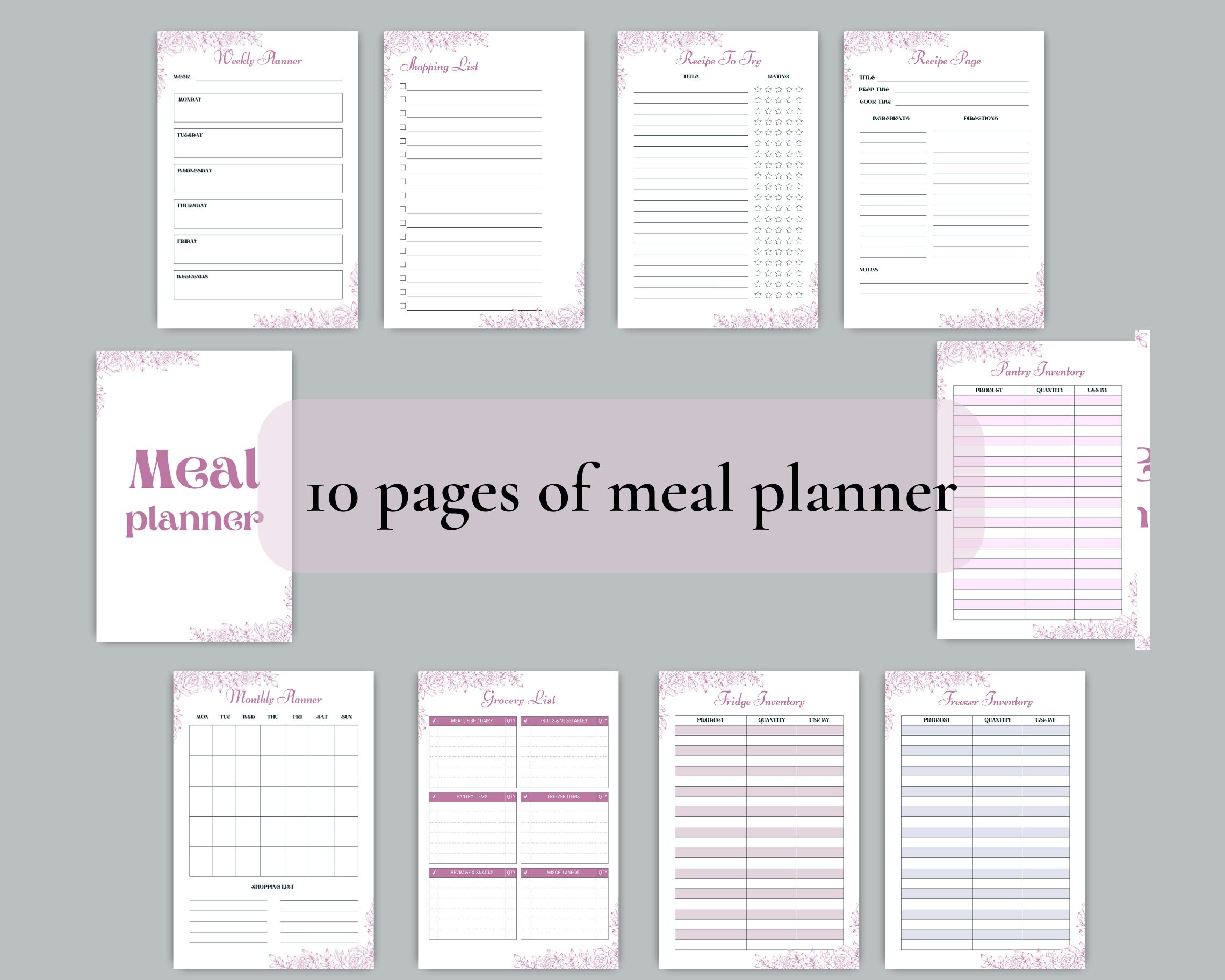 Printable Meal Planner and Grocery List Weekly Menu Organizer Digital ...