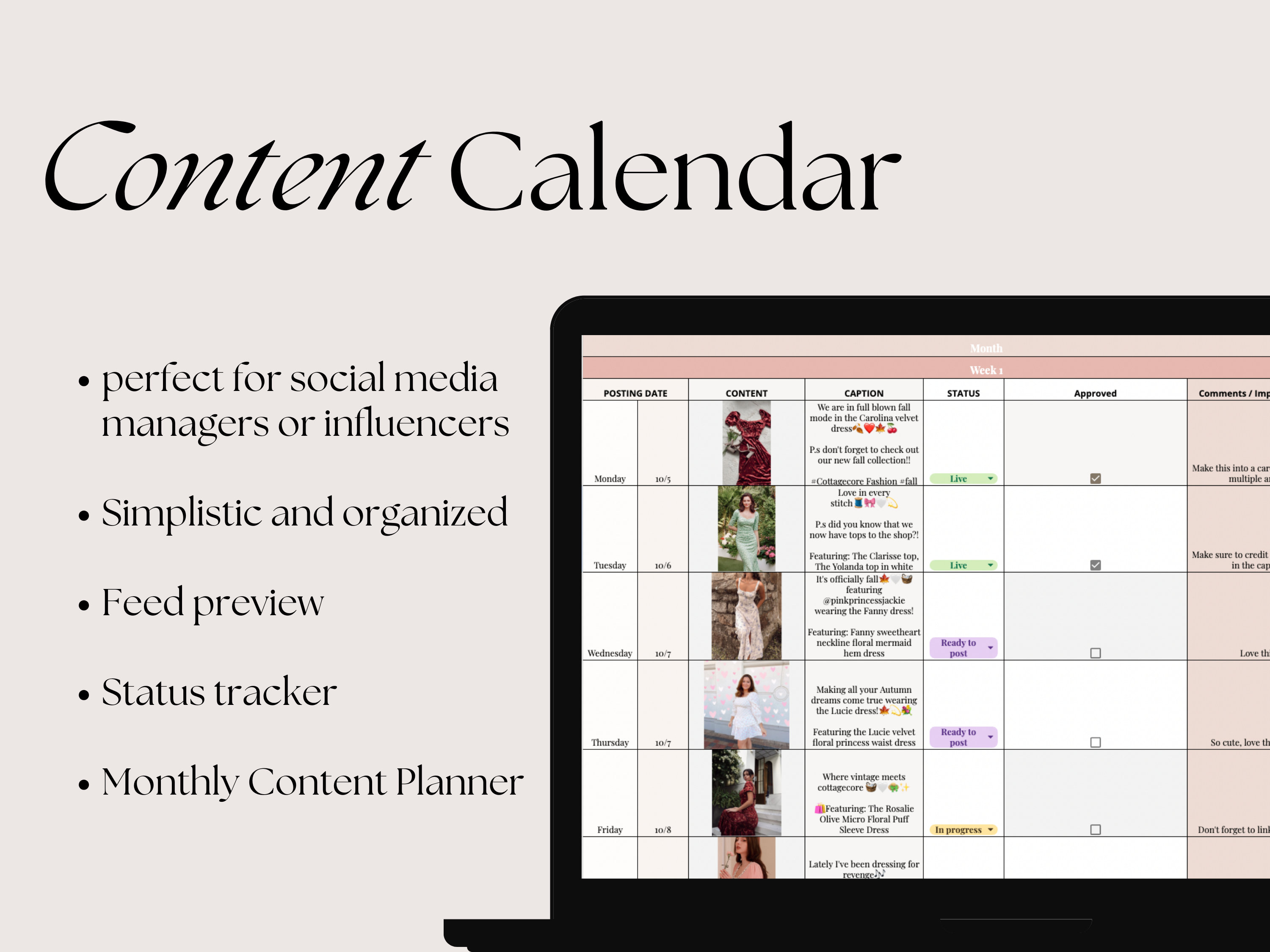 Aesthetic Social Media Manager Content Calendar | Google Sheets Monthly ...
