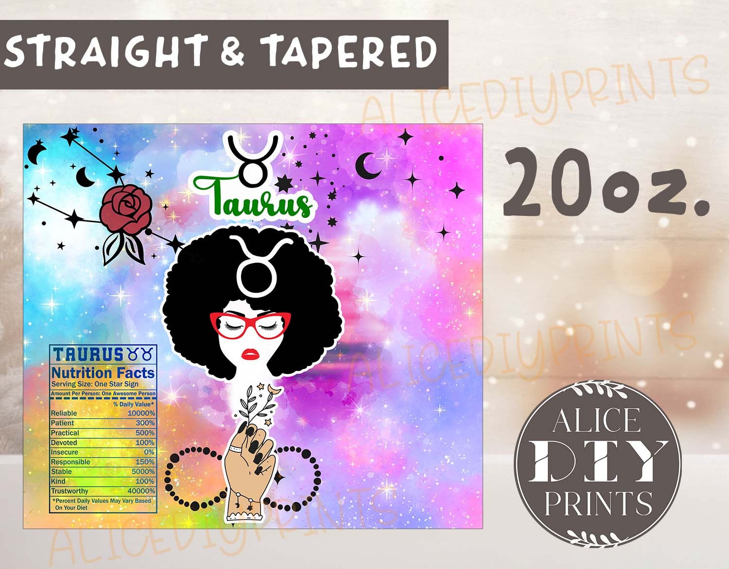 Taurus Add Name 20oz Afro Black Woman Zodiac Sign Nutrition Facts ...