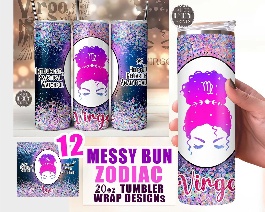 Bundle 12 Messy Bun Zodiac Astrology Glitter 20oz Skinny Tumbler Wrap ...