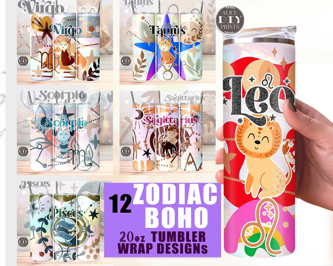 Bundle 12 Zodiac Boho Signs Glitter 20oz Skinny Tumbler Wrap Celestial ...