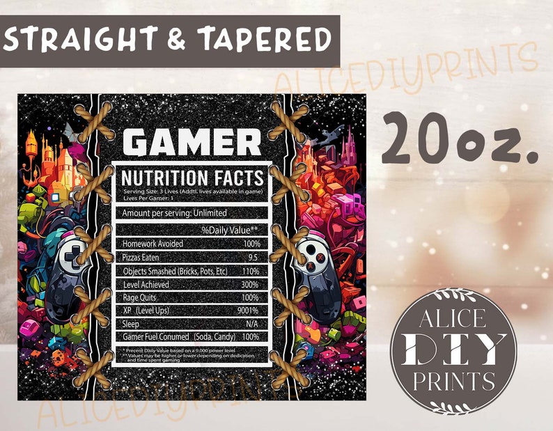 Gamer Nutrition Facts Gaming Quotes Words 20oz Skinny Tumbler Wrap PNG ...
