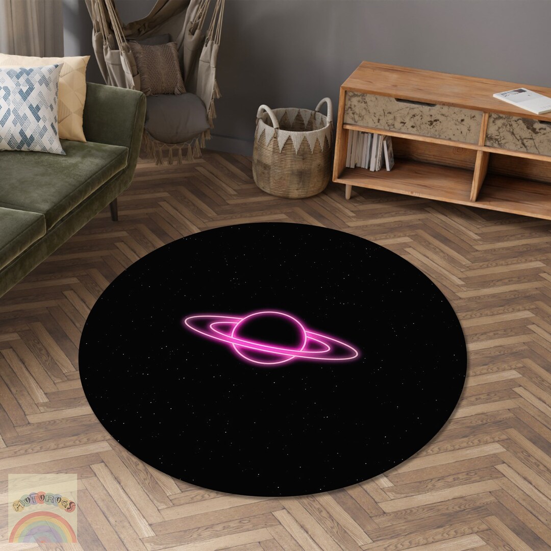 Neon Planet Saturn Rug, Planet Stars Carpet, Neon Colors Rug, Space ...