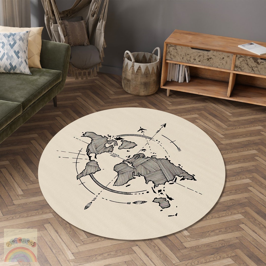 World Map Compass Rug, Minimasist Compass and World Map Carpet, Compass ...