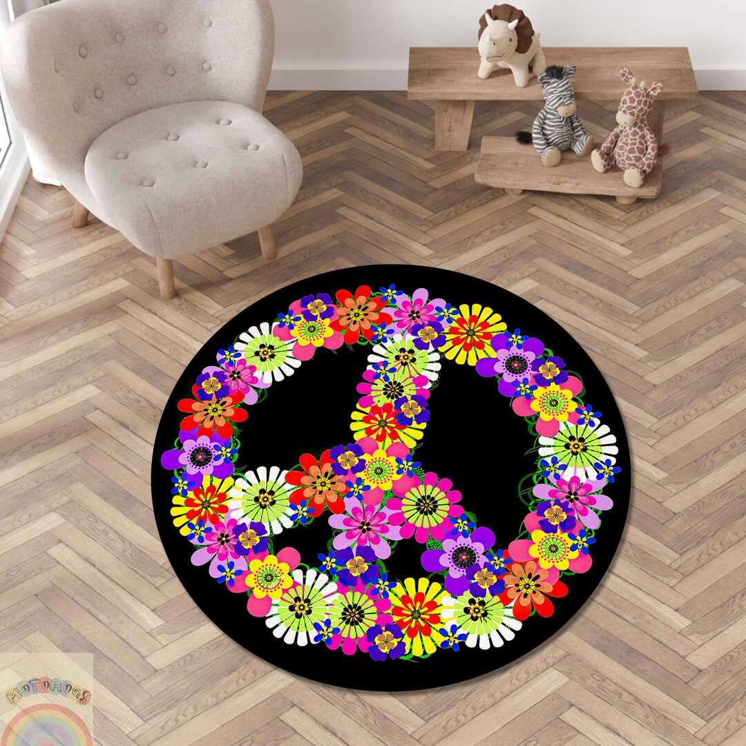 Peace Sign Rug, Flower Decor, Hippie Home Decor, Boho Chic Rug, Floral ...