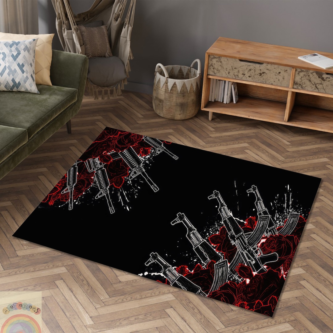 Guns Design Rug, AK47 Rug, M16 Gun Rug, Red Roses Decor Rug ...