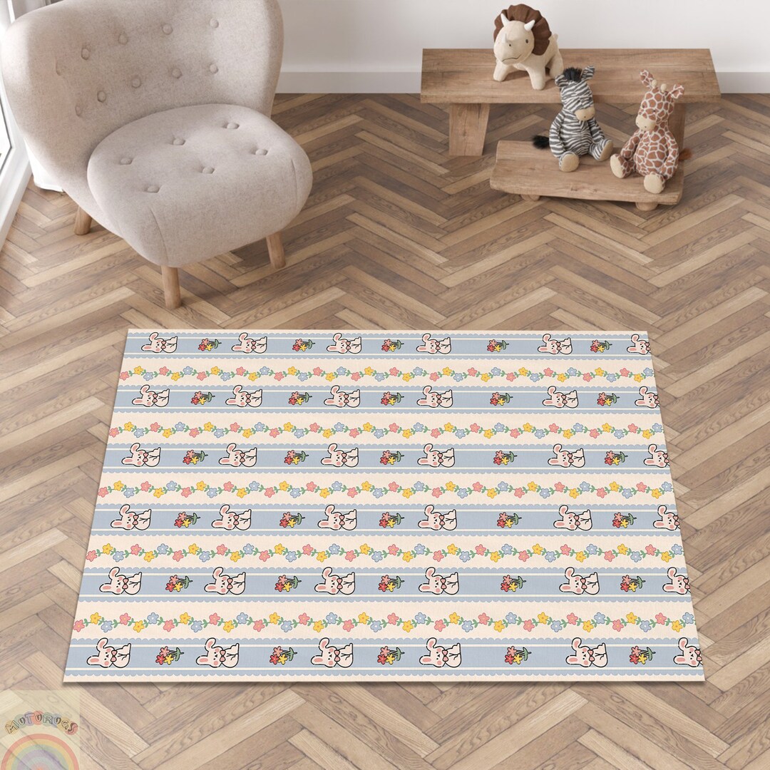 Cottagecore Rug, Rabbit Design Rug, Floral Design Rug, Cute Design Rug ...