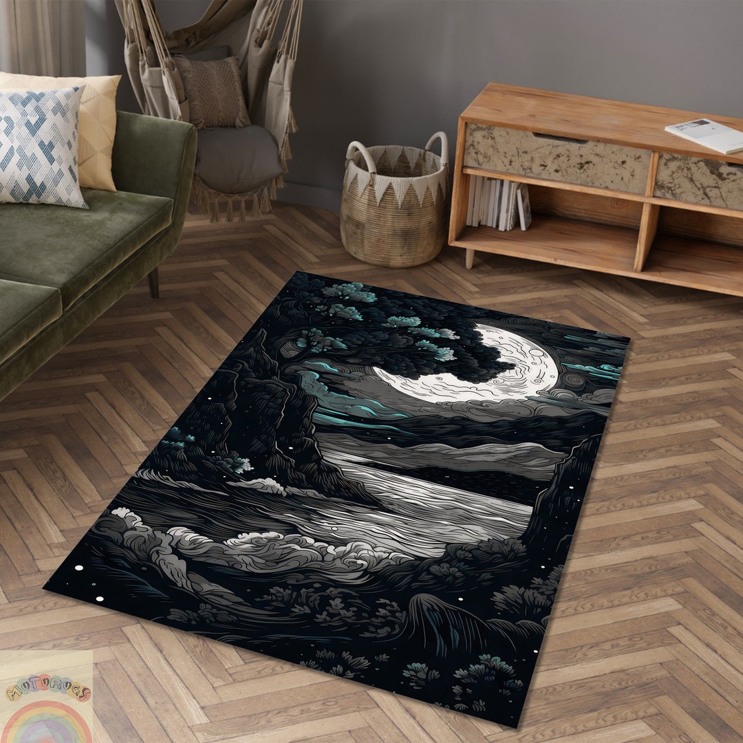Moonlight Scenery Rug, Nature Scenery Rug, Drawing Design Rug, Darkness ...