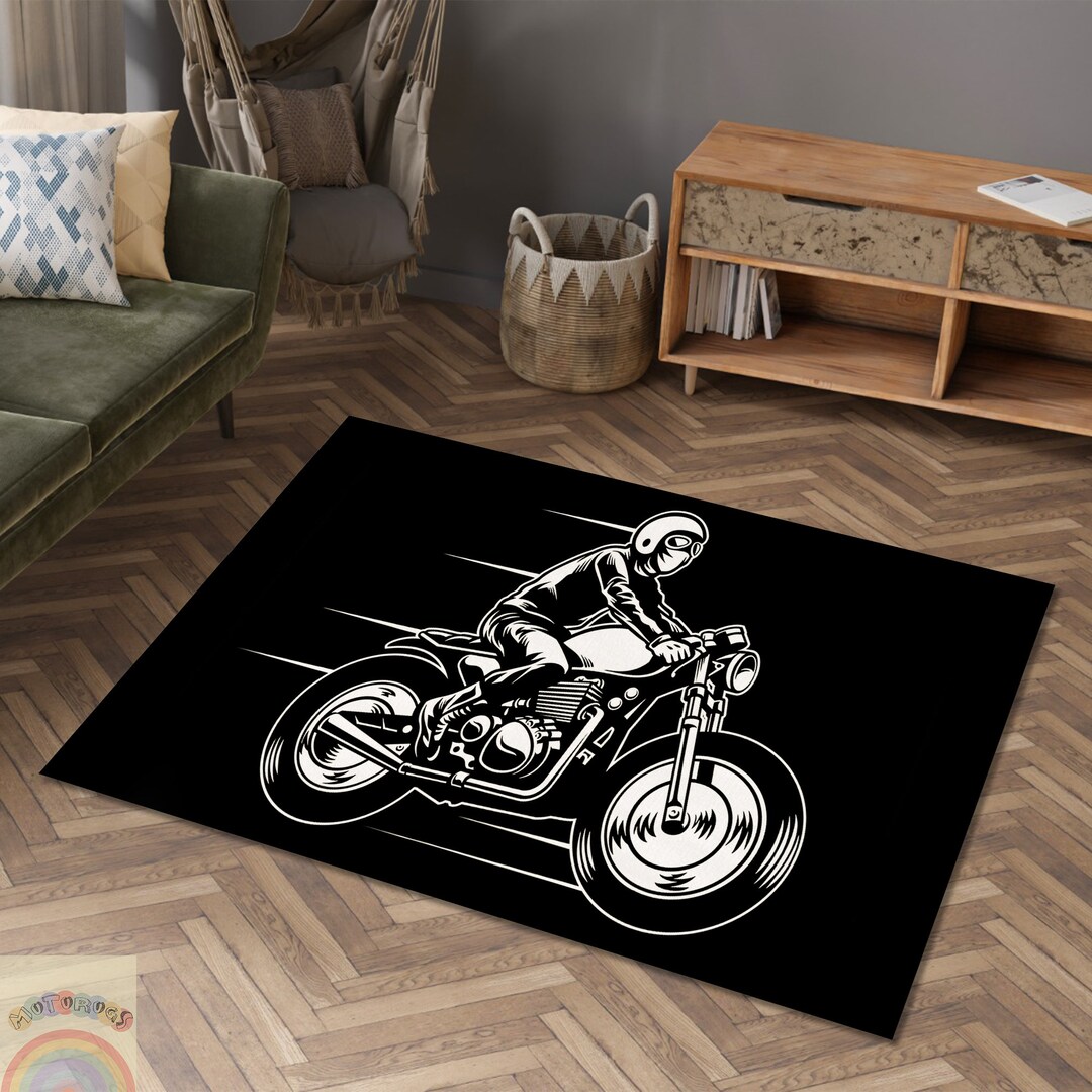 Motorcycle Rug, Biker Decor, Racing Rug, Retro Motorcycle Rug, Unique ...