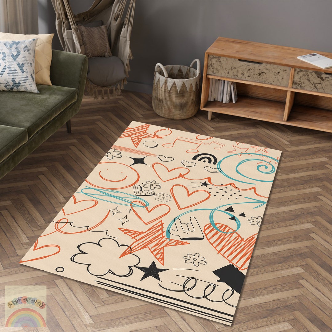 Random Pattern Rug, Pastel Colors Doodle Carpet, Basic Sketch Rug ...