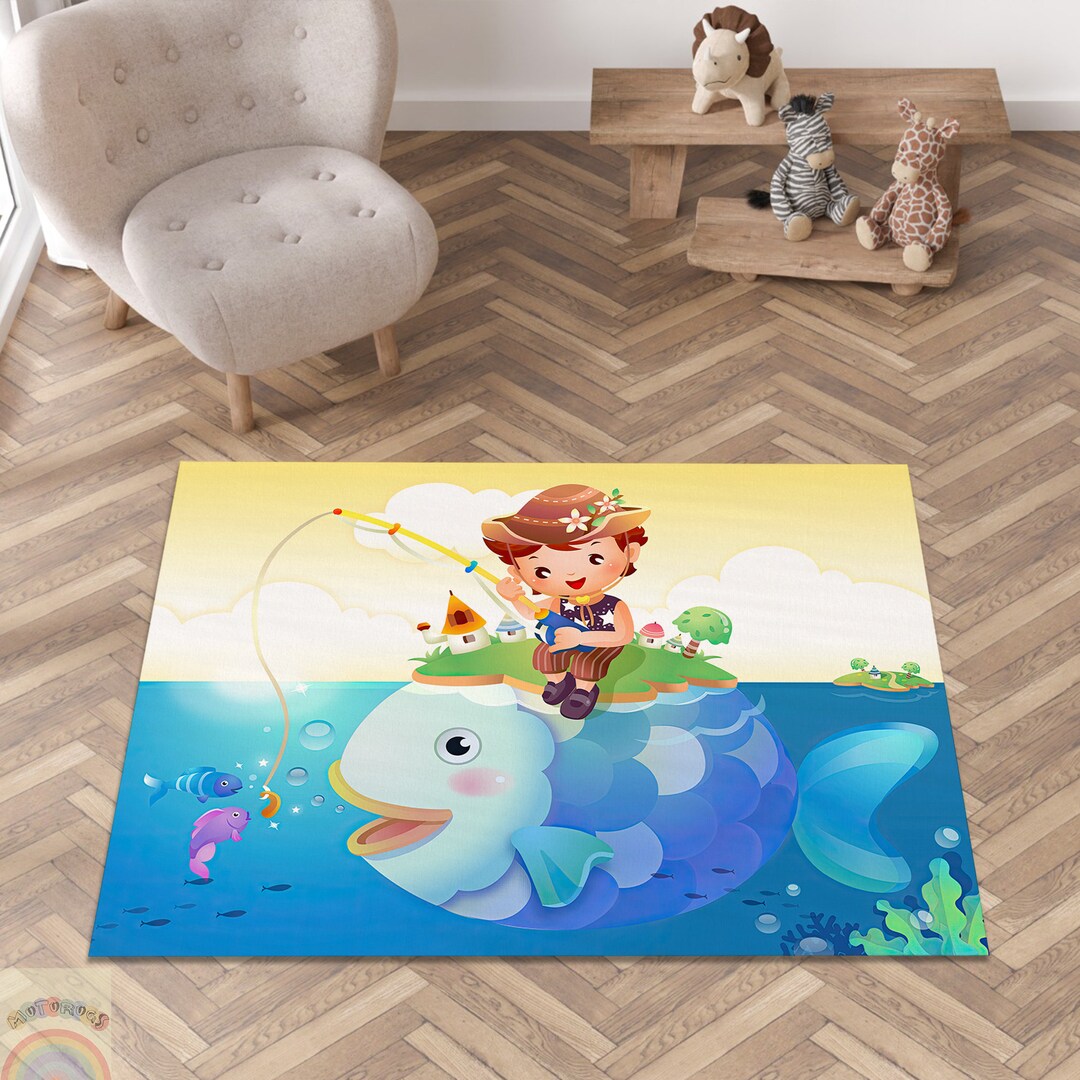 Cute Kids Rug, Cartoon Kids Rug, Cartoon Fish Rug, Fish and Kids Rug ...