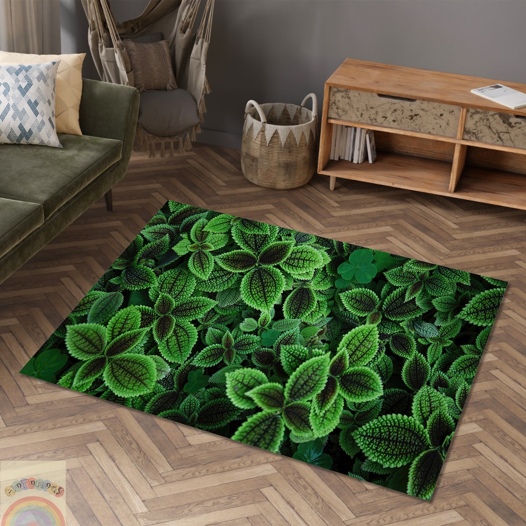 Leaf Rug, Green Botanical Rug, Herb Rug, Botanical Design Rug, Plant ...