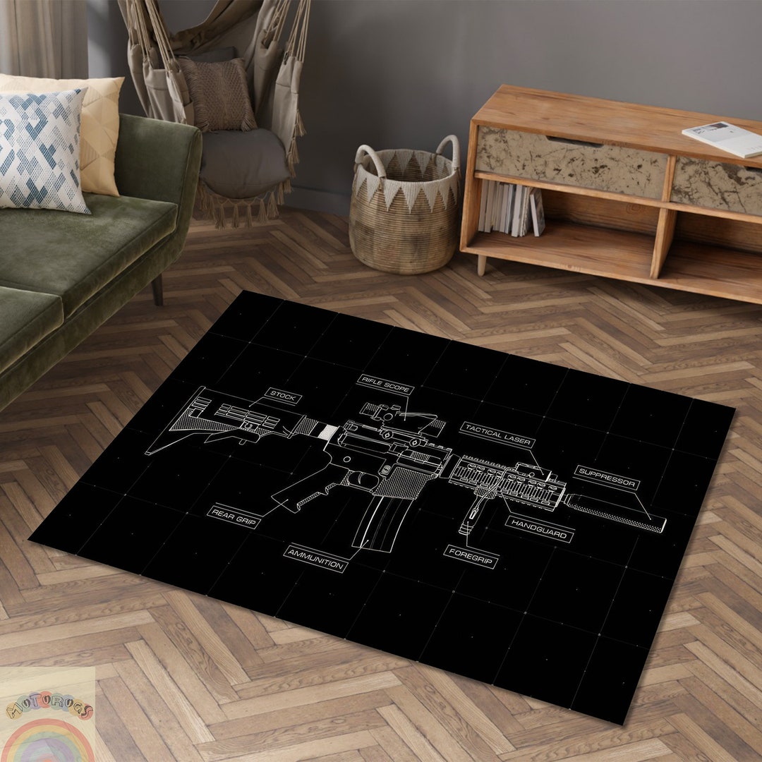 Rifle Design Rug, Rifle Parts Rug, Weapon Anatomy, Military Decor Rug ...