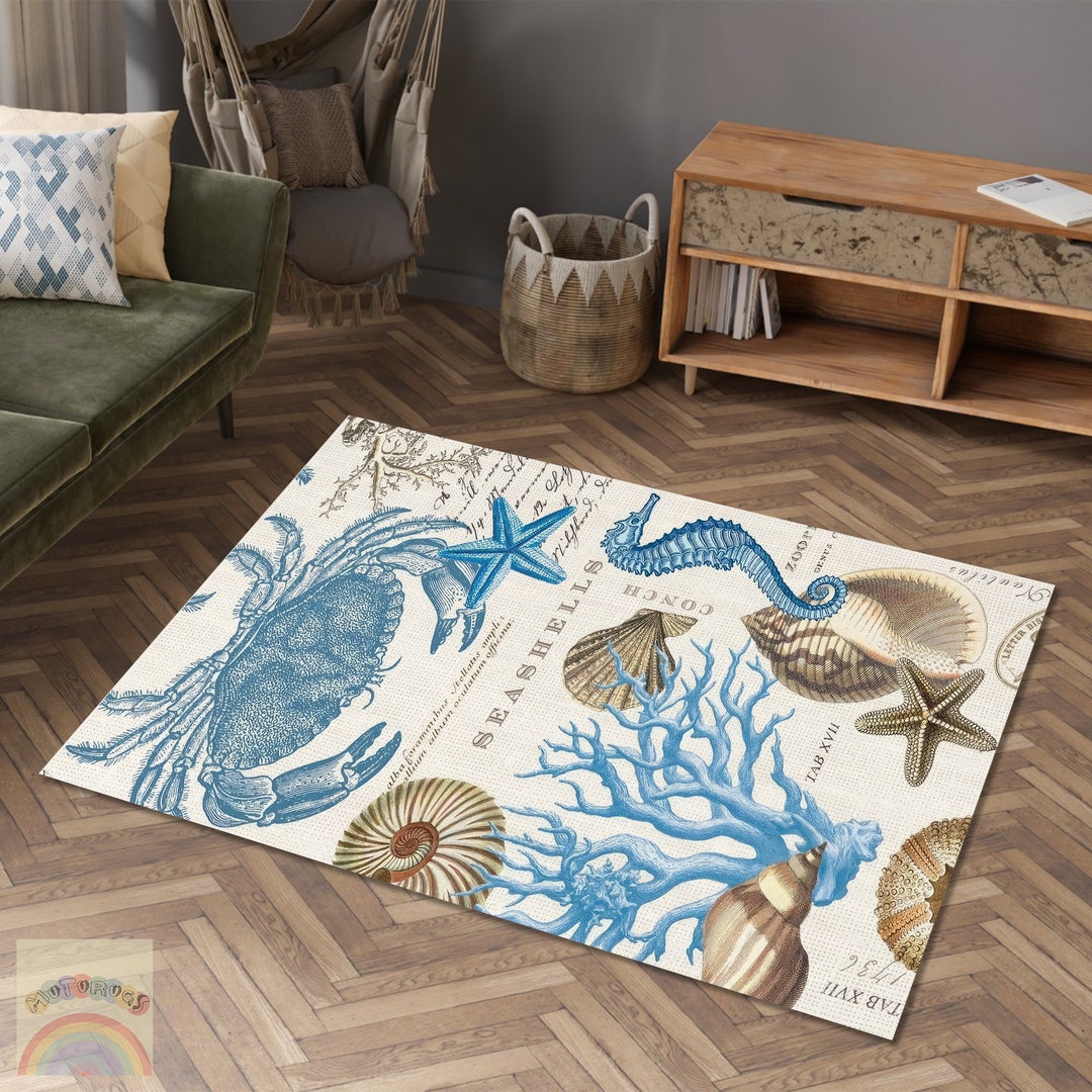 Seashell Rug, Crab and Seahorse Carpet, Sea Life Decor Rug, Area Carpet ...