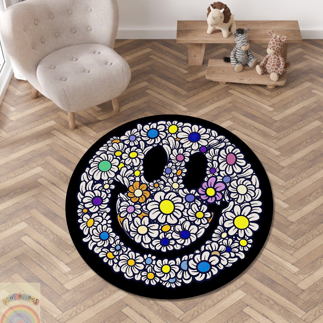 Smiley Face Rug, Floral Rug, Colorful Rug, Daisy Rug, Round Rug, Living ...