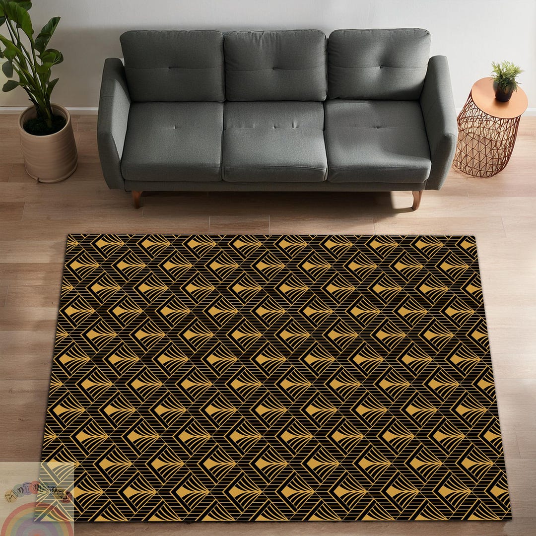 Art Deco Black and Gold Rug - Modern Decorative Carpet for Living Room ...