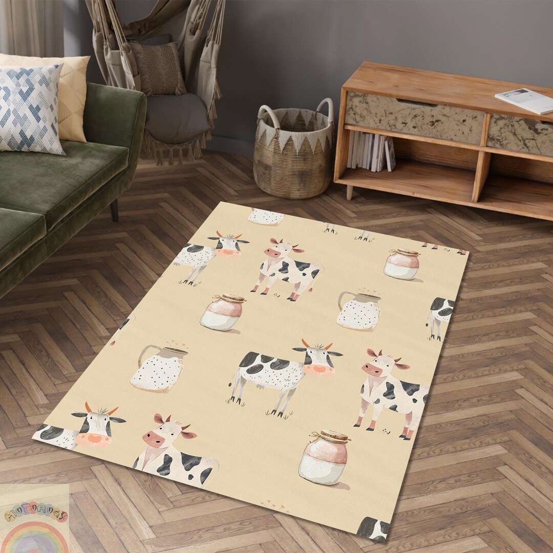 Farmhouse Cow Pattern Rug - Cute Pastel Animal Design Carpet for Kids ...