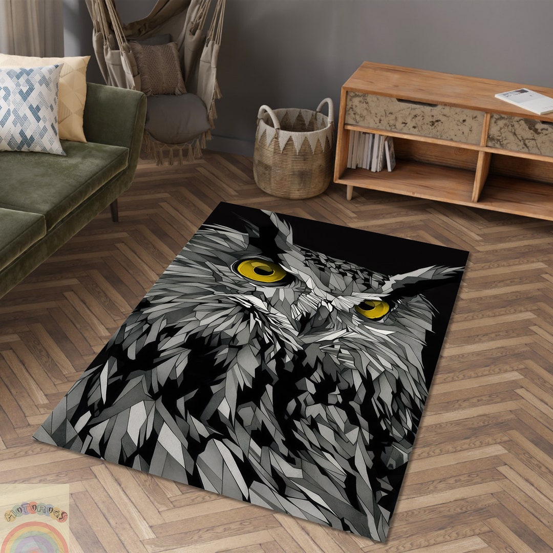 Owl Rug, Cool Owl Rug, Owl Feather Design Rug, Yellow Eyes Owl, Owl ...