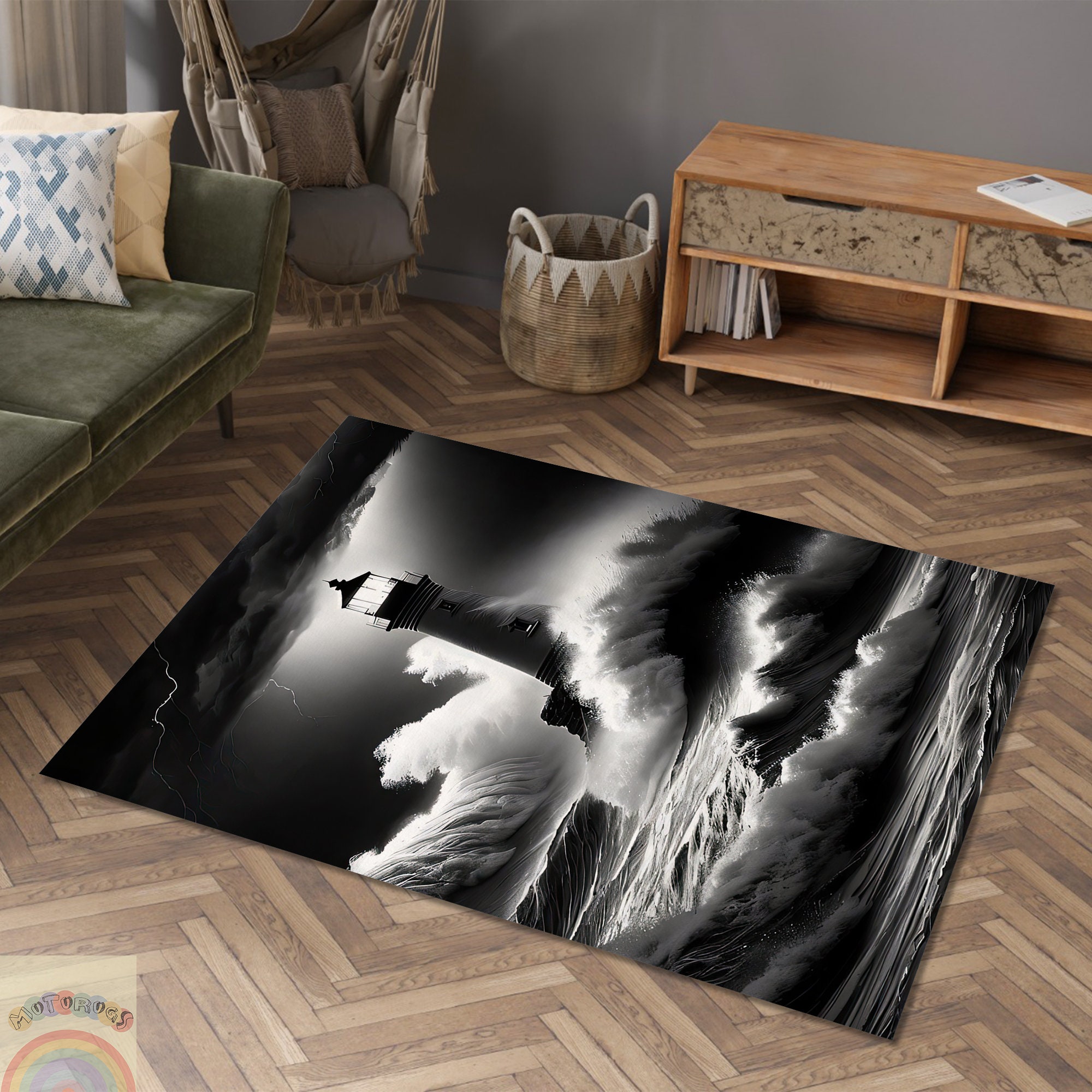 Lighthouse Rug, Stormy Sea Rug, Darkness Design Rug, Nautical Design ...