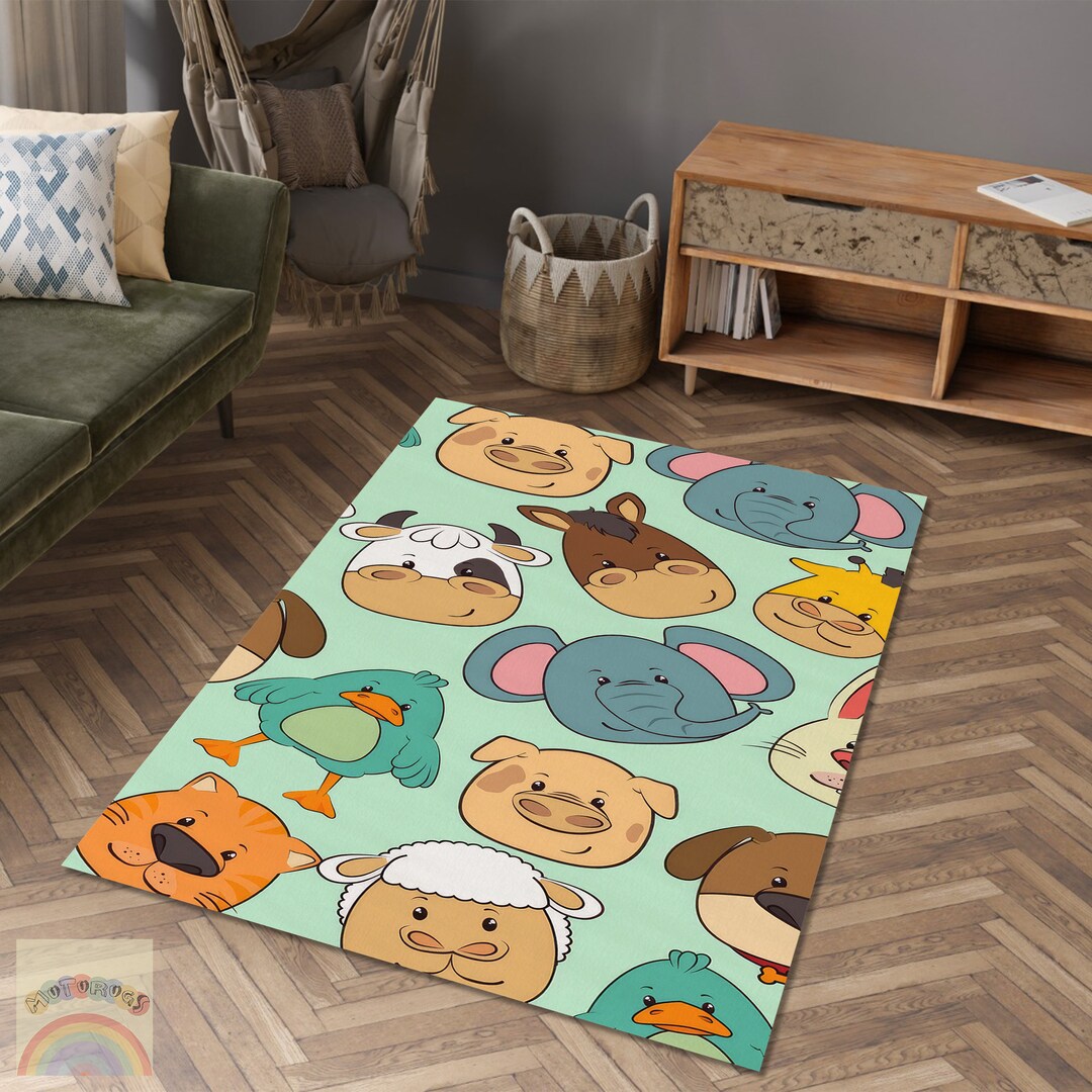 Cartoon Animals Rug, Animals Painting Carpet, Elephant Rug, Cow Rug ...