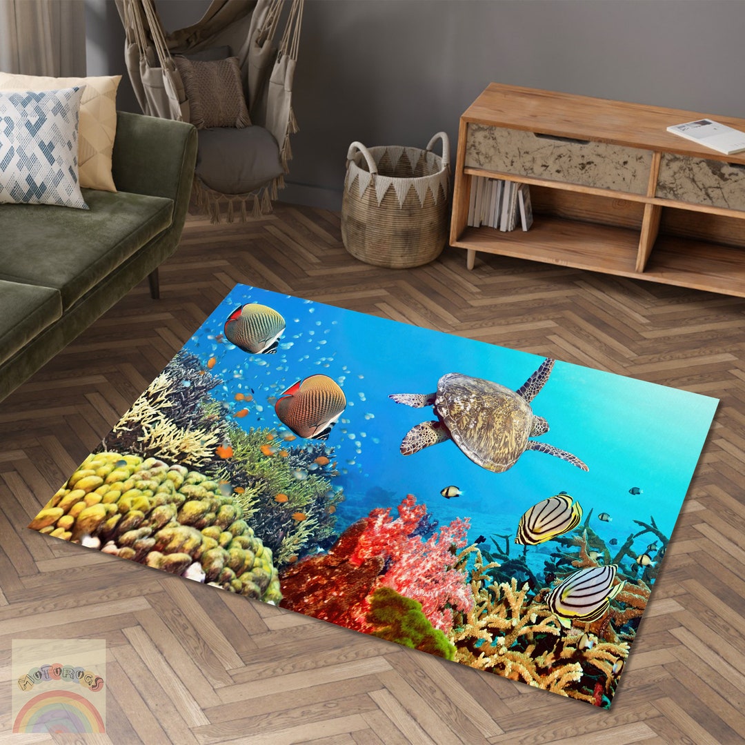Coral Reef Rug, Turtles and Fishes Carpet, Ocean Fish Rug, Coral Reef ...