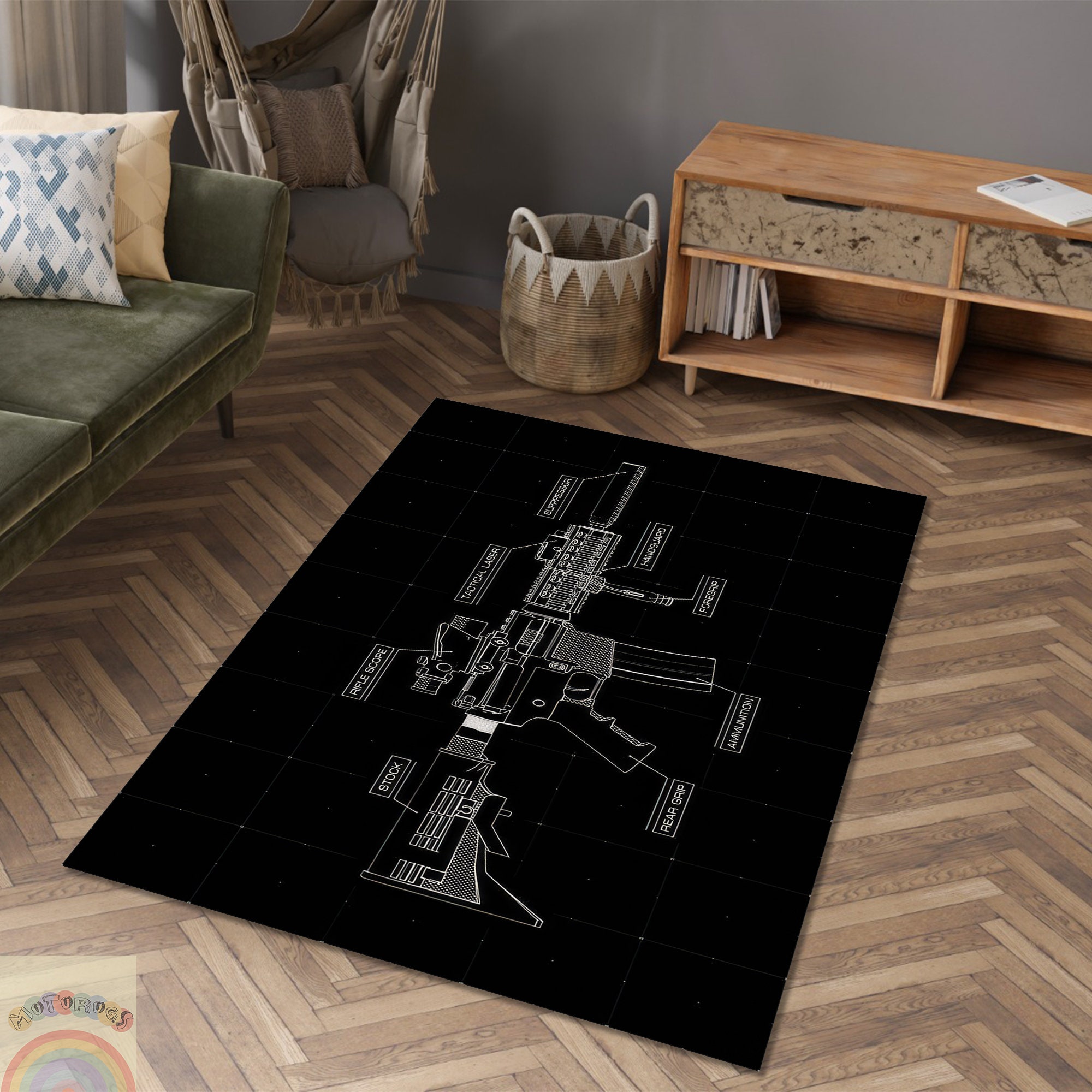 Rifle Design Rug, Rifle Parts Rug, Weapon Anatomy, Military Decor Rug ...