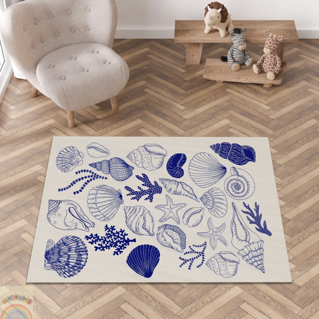Seashell Rug, Ocean Decor Rug, Sea Decor Rug, Nautical Rug, Blue Shell ...